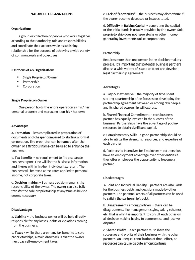 Organization And Management Lesson 2 Pdf Partnership Corporations