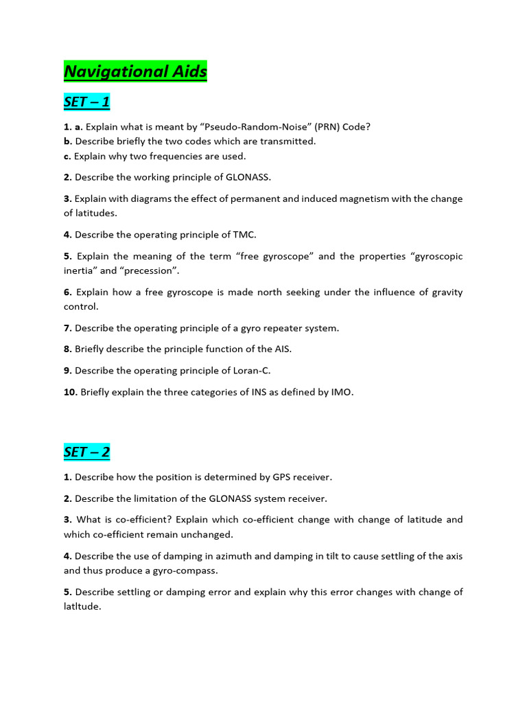Navigational Aids Questions Set | PDF | Gyroscope | Compass