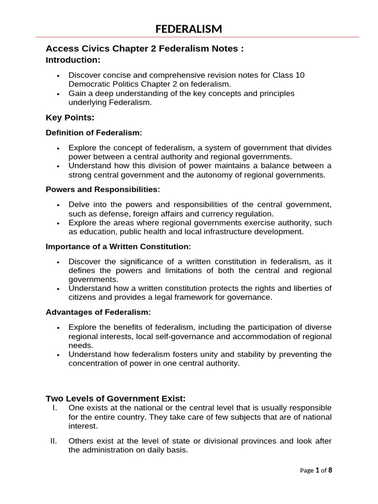 Federalism - Notes | PDF | Governance | Government