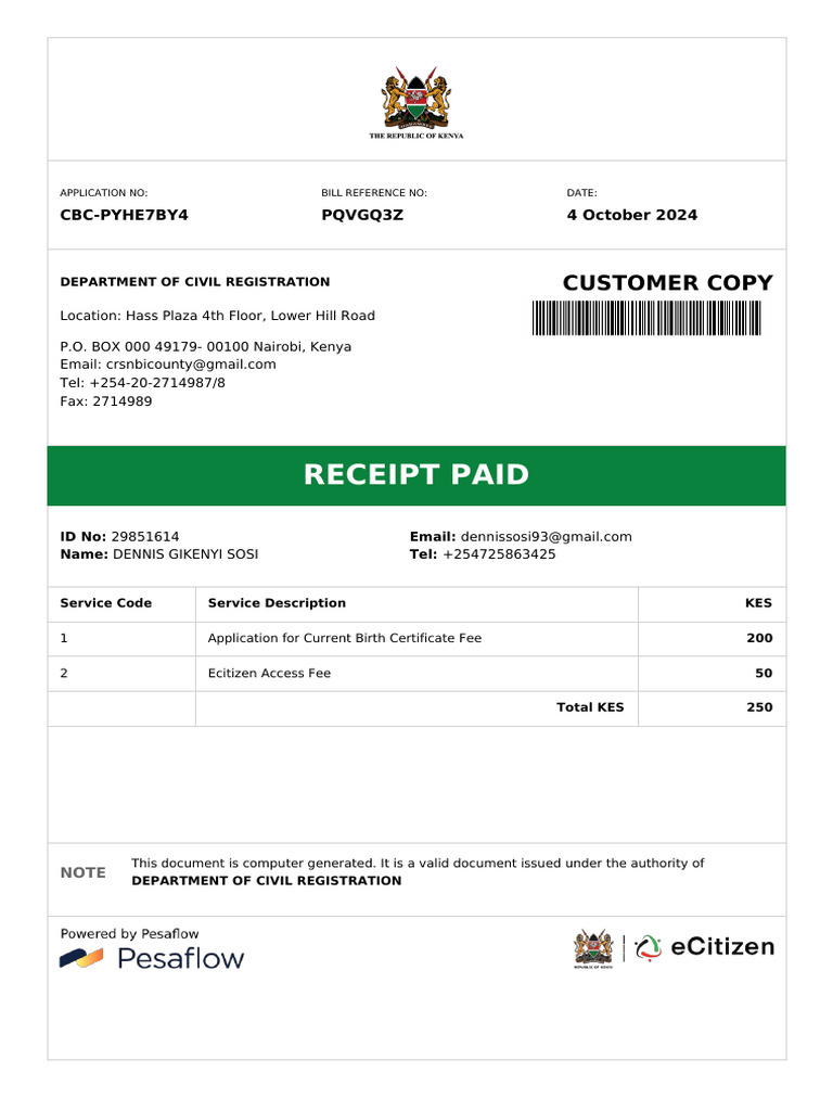 Cbc-Pyhe7by4-Civil Registration Receipt | PDF