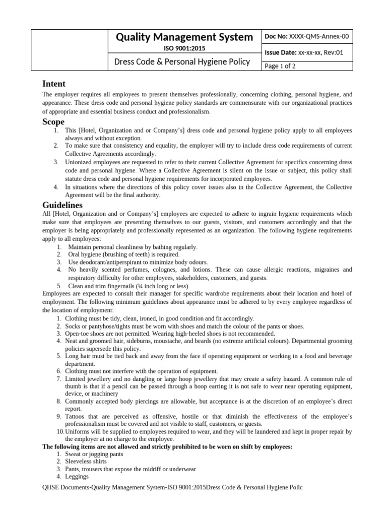 QHSE Documents-Dress Code & Personal Hygiene Policy | PDF | Hygiene ...