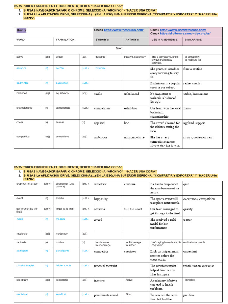 STUDENTS - GLOSSARY U2 Wordlist Book | PDF | Physical Exercise | Determinants Of Health
