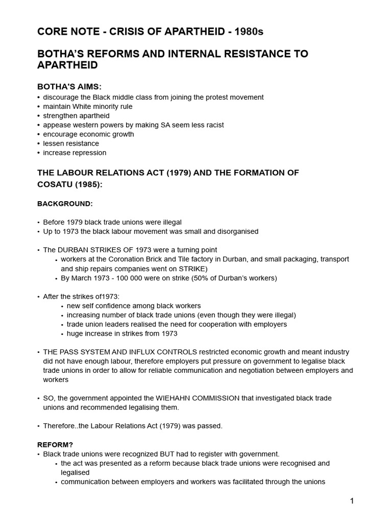 CORE NOTE - Crisis of Apartheid 1980s - Botha | PDF | Apartheid | South Africa