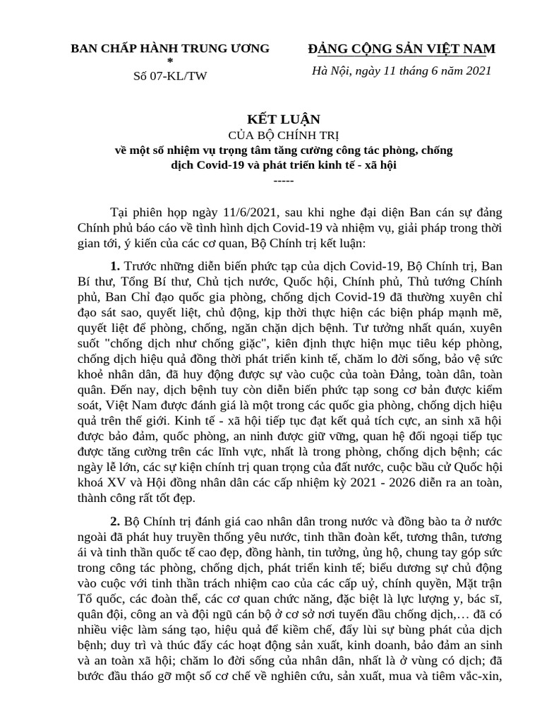 Toan Van Ket Luan Cua Bo Chinh Tri Ve Cong Tac Phong Chong Dich Covid 19 | PDF