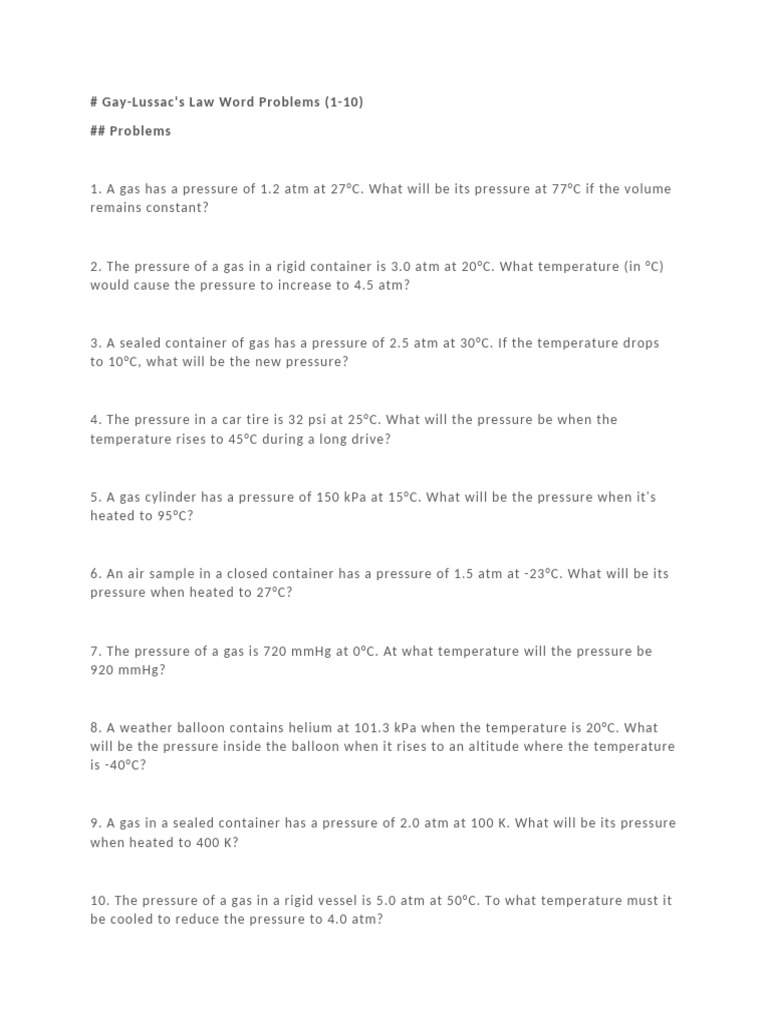 Gay-Lussac's Law Practice Problems | PDF | Pressure | Gases