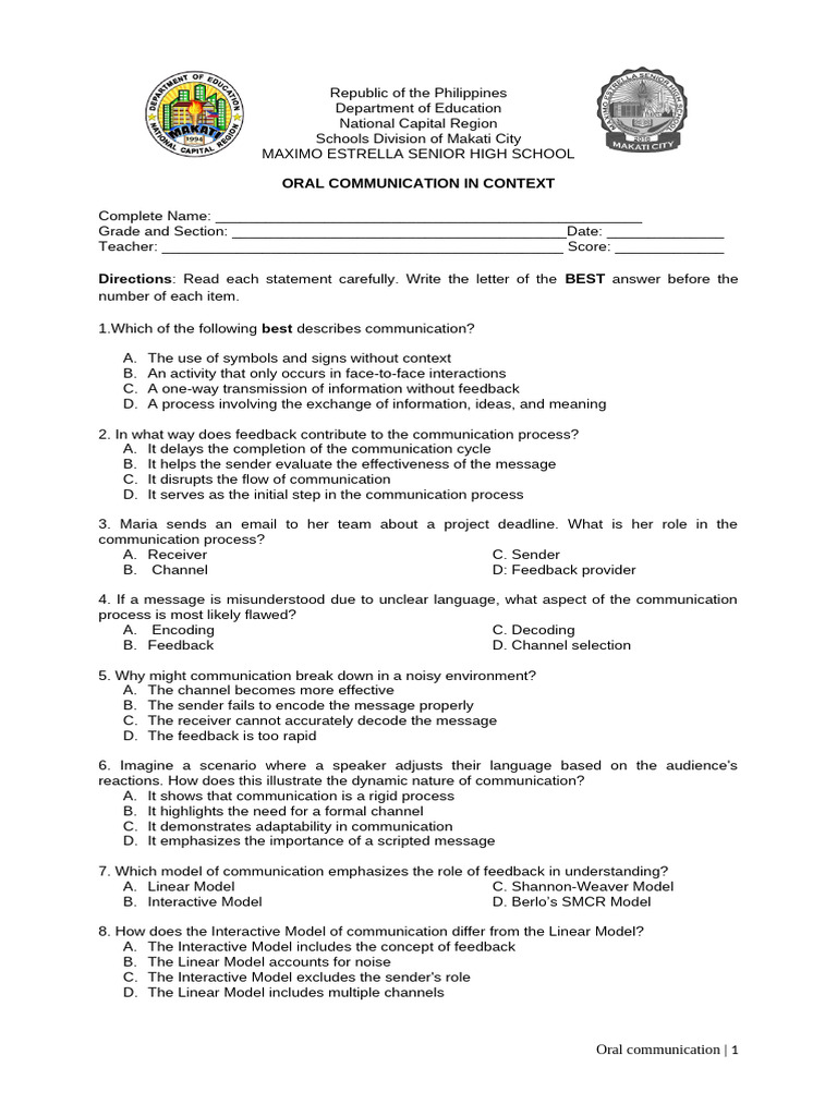 Oral Communication Quiz | PDF | Communication | Nonverbal Communication