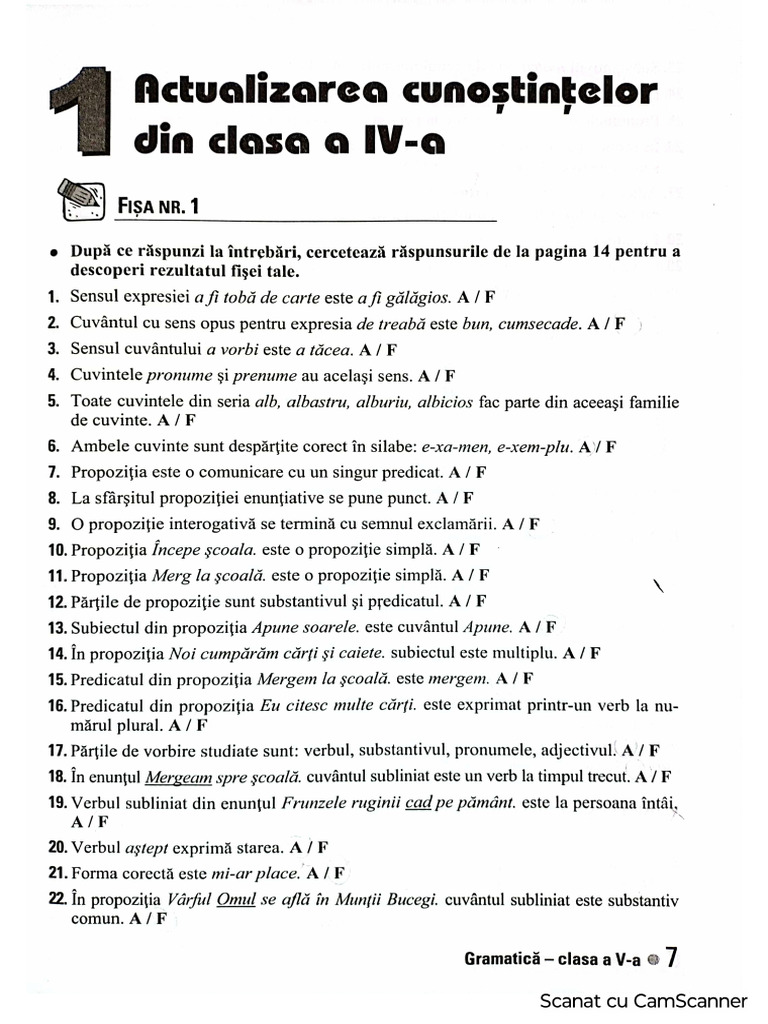 Adevărat Sau Fals Recapitulare Clasa 5 | PDF