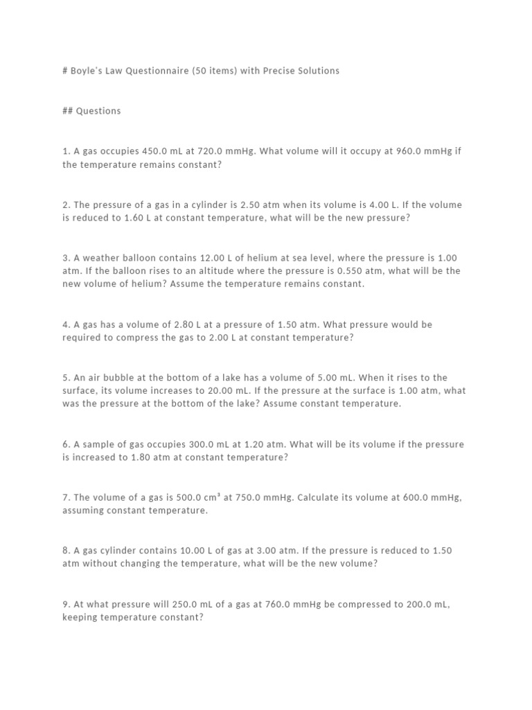 Boyle's Law Quiz with Solutions | PDF | Gases | Volume