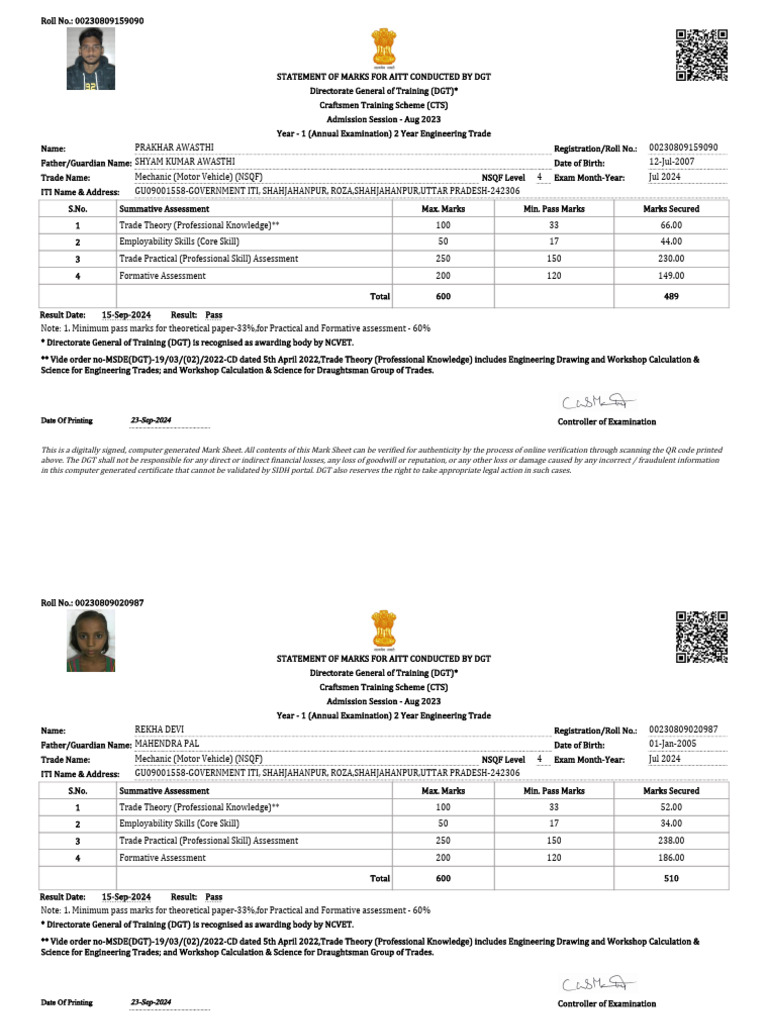 MMV 1y 2023 NCVT Aug-24 Marksheet | PDF | Qr Code | Science