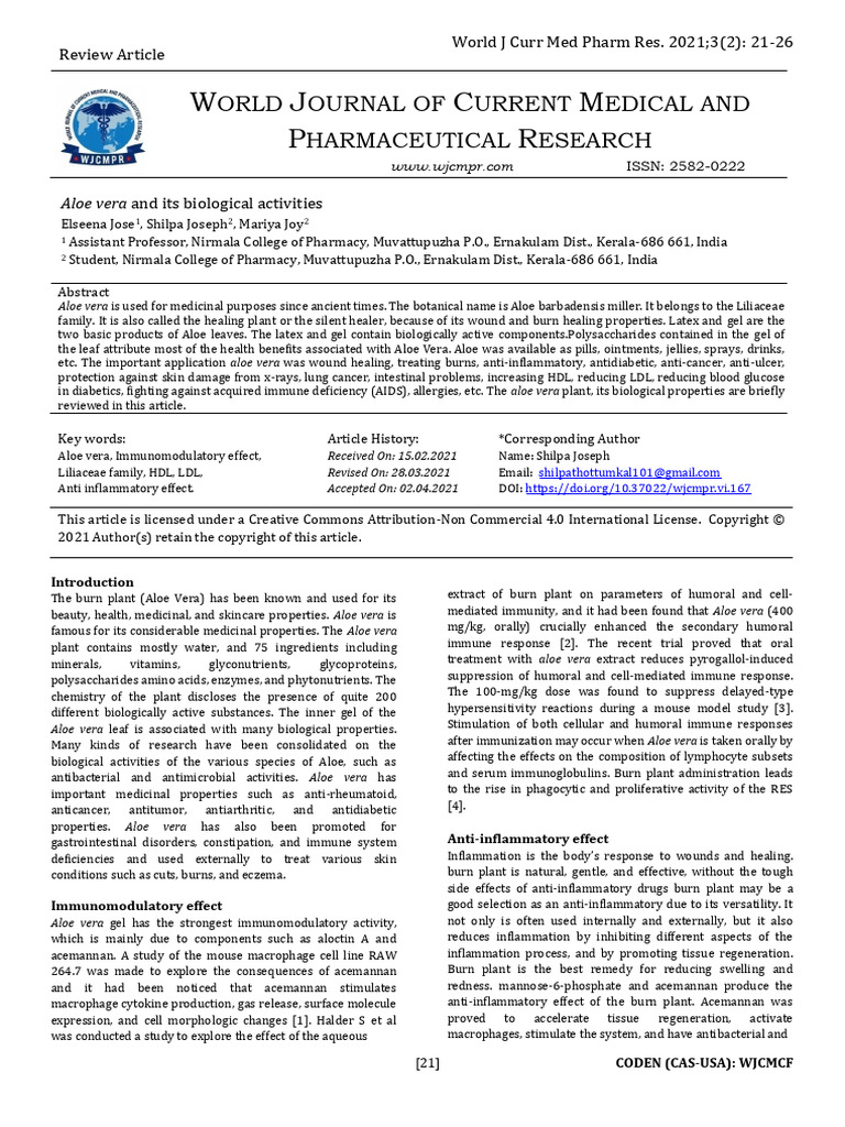 Aloe Vera and Its Biological Activities | PDF | Anti Inflammatory ...