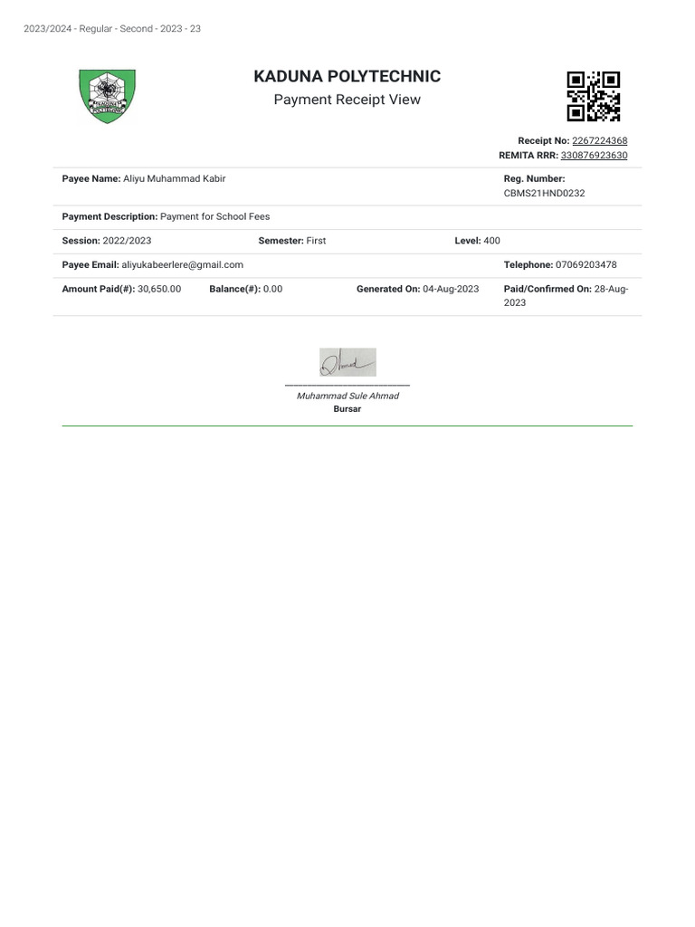 KADPOLY - Payment Receipt View ALYU 2 | PDF