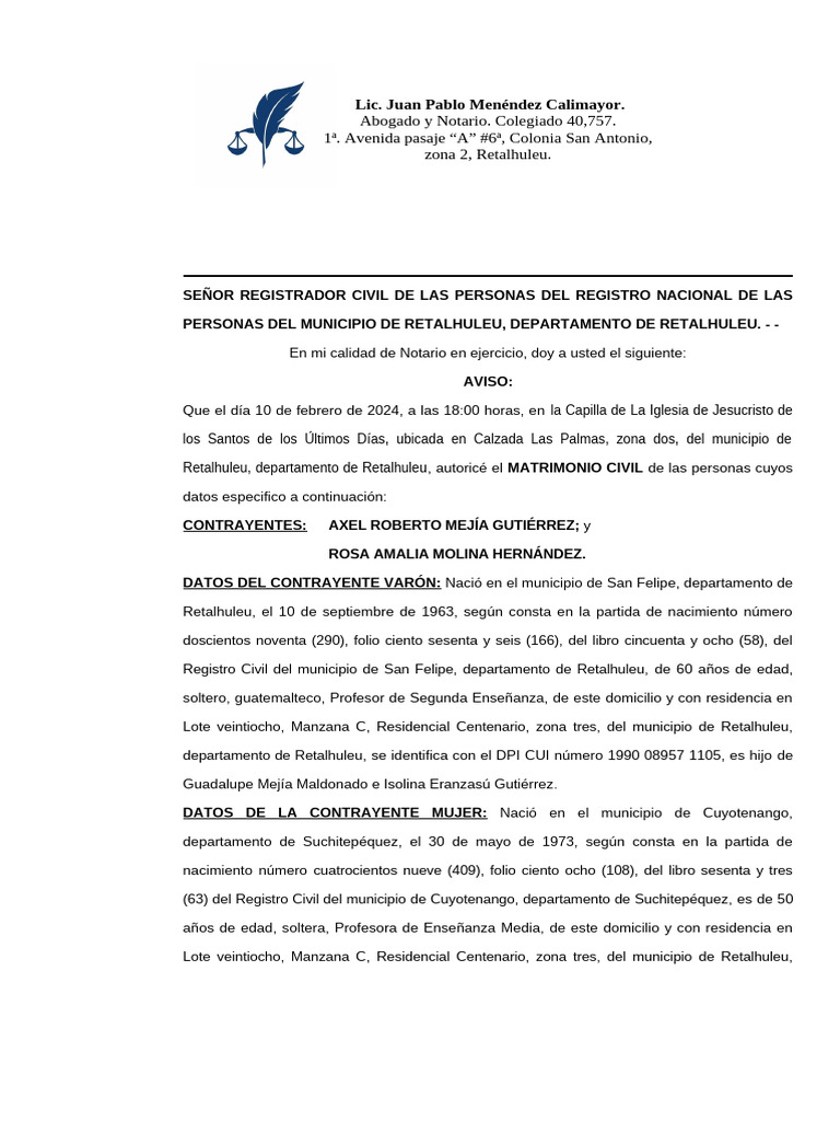 Aviso Matrimonio Axel Roberto Mejía Gutiérrez y Rosa Amalia Molina ...