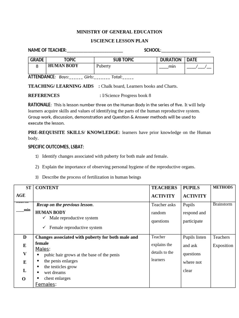 Grade 8 Integrated Science The Human Body - Puberty Editable Lesson ...