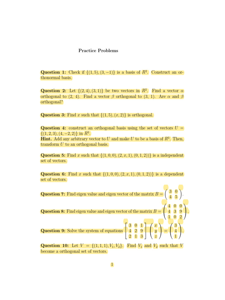Practice Problems 1 | PDF | Eigenvalues And Eigenvectors | Basis (Linear Algebra)