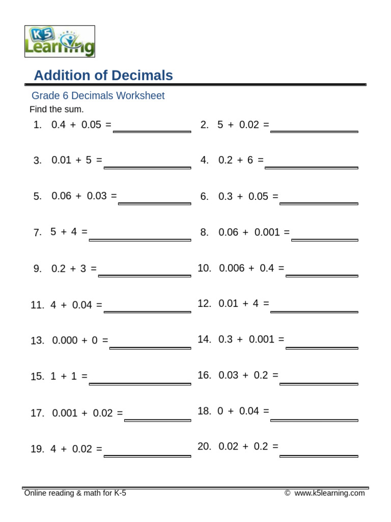 Grade 6 Adding Decimals 0 3 Digits A | PDF