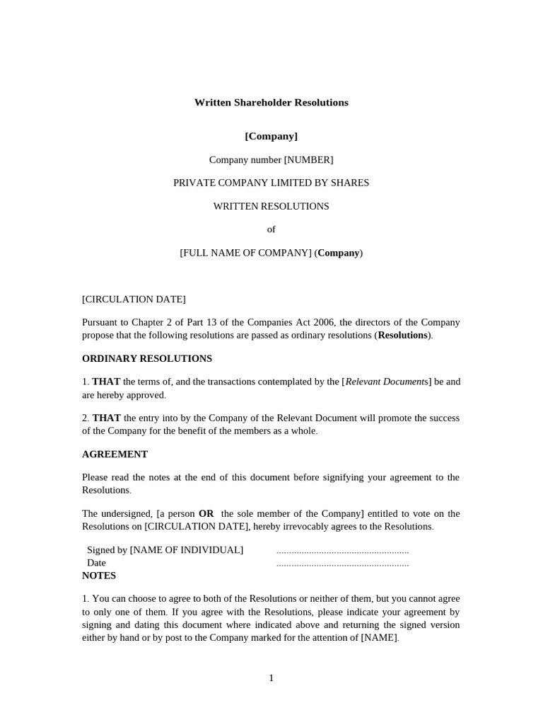 Shareholder Written Resolutions Template | PDF | Power Of Attorney ...