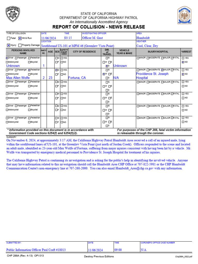 Vehicle Vs Pedestrian Crash 11-6-24 | PDF | Traffic Collision ...