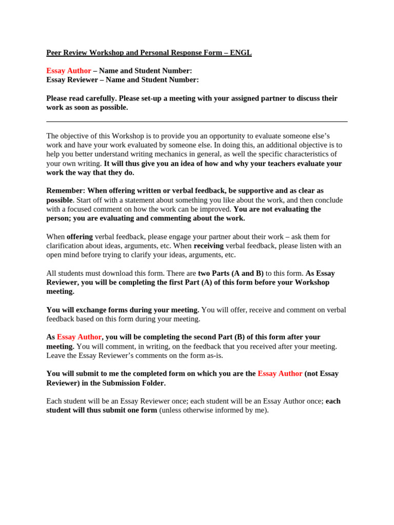 ENGL Peer Evaluation Workshop Form | PDF | Essays