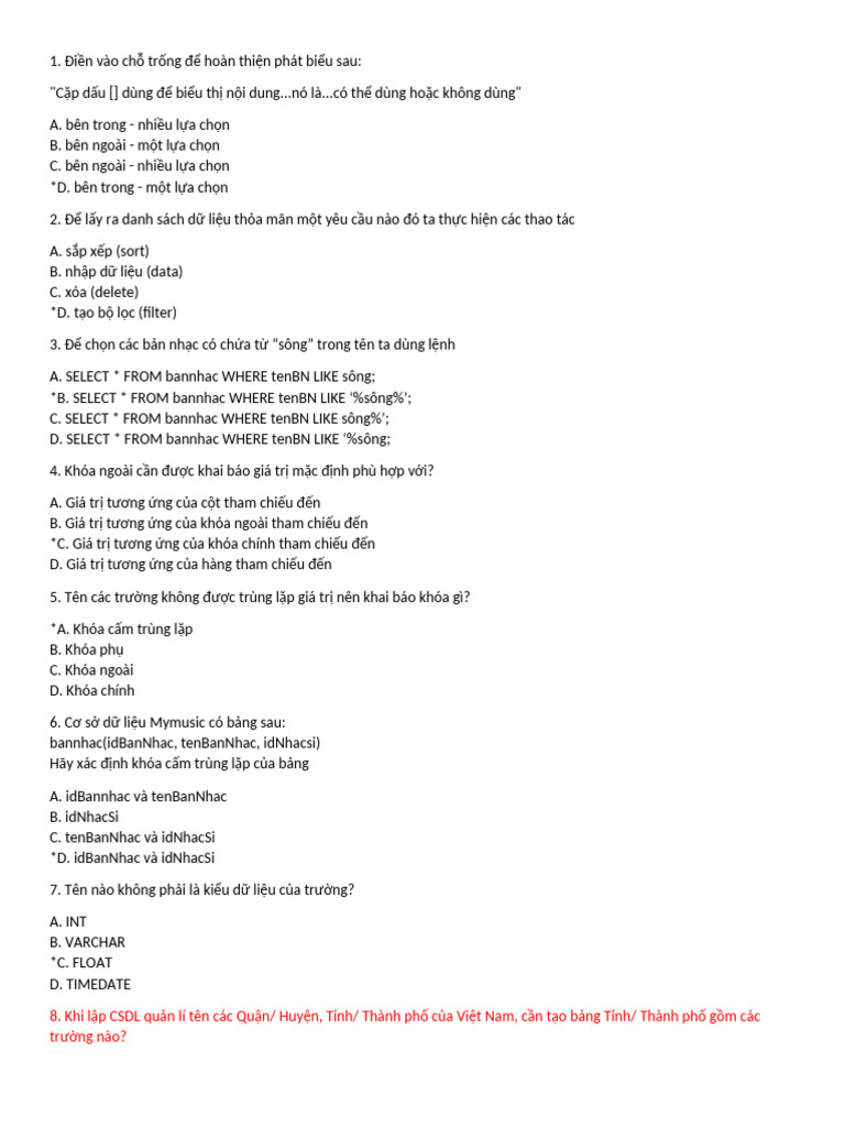 đề cương ôn tập tin gk2 | PDF