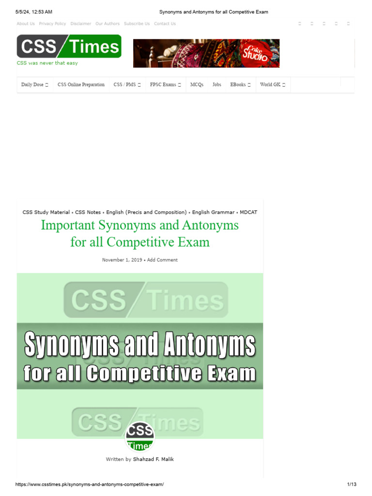 Synonyms and Antonyms For All Competitive Exam | PDF | Multiple Choice