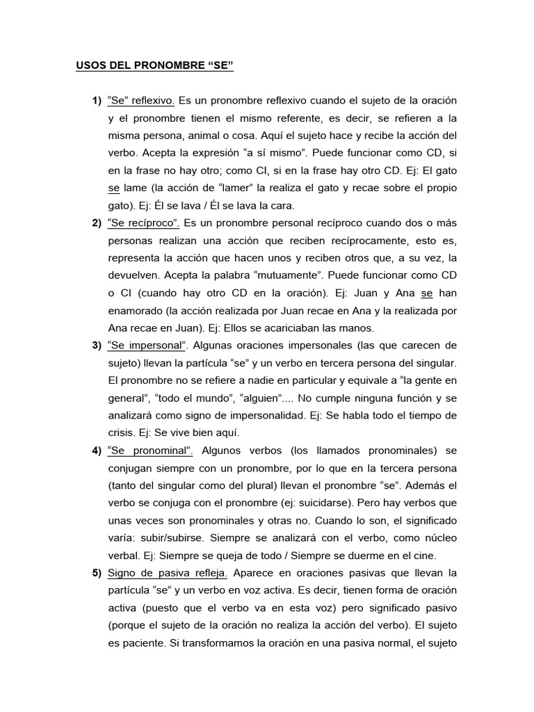 Usos Del Pronombre Se | PDF | Verbo | Pronombre