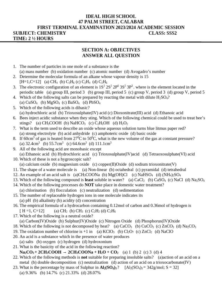 SS2 Chemistry First Term | PDF | Acid | Water