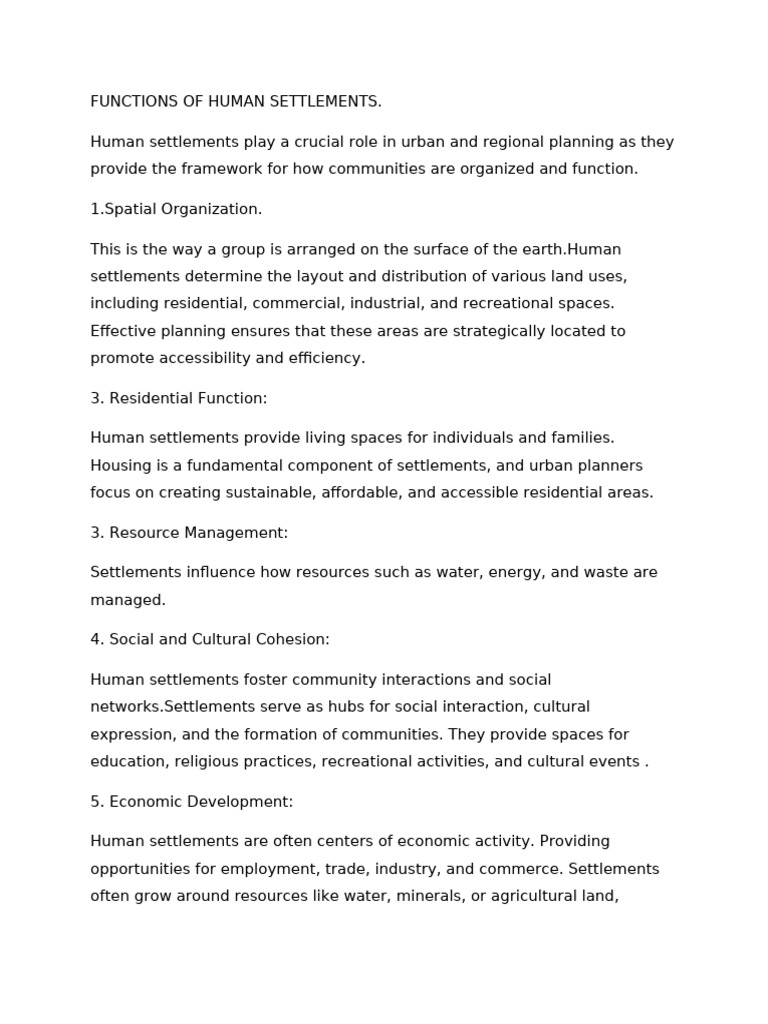 Key Functions of Human Settlements | PDF | Urban Planning | Sustainability