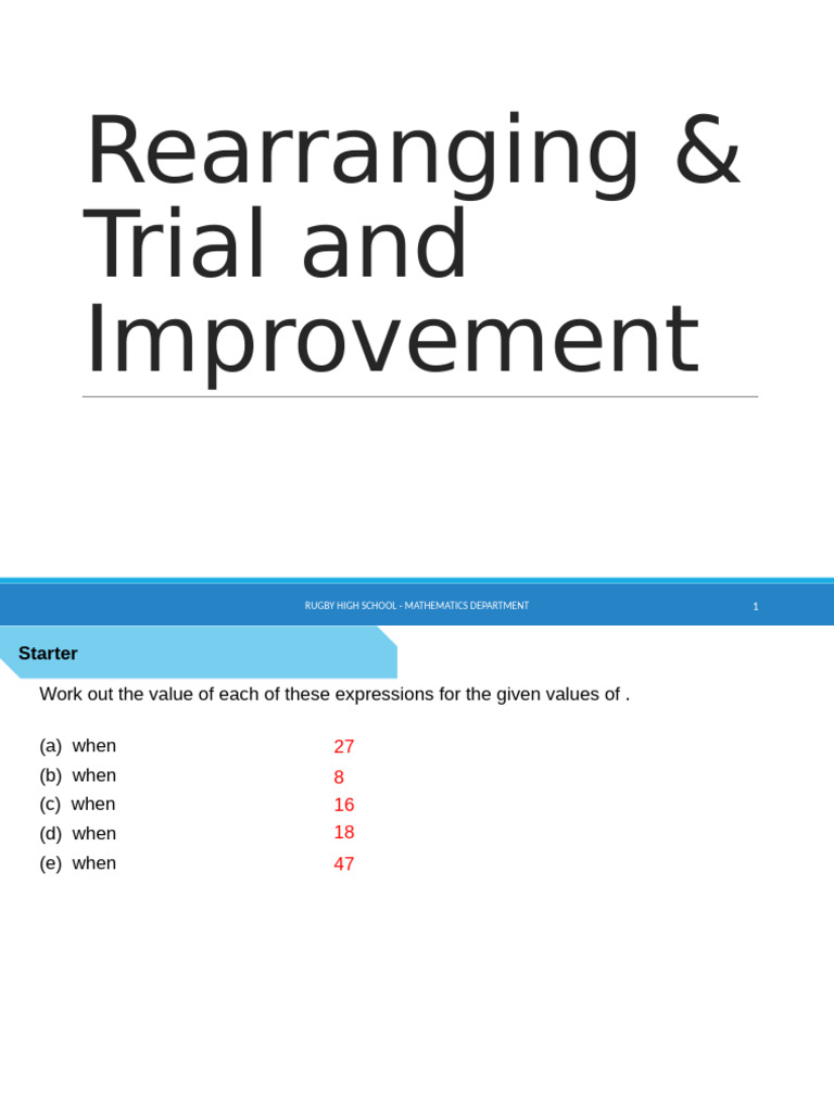 Rearranging & Trial and Improvement | PDF | Quadratic Equation ...