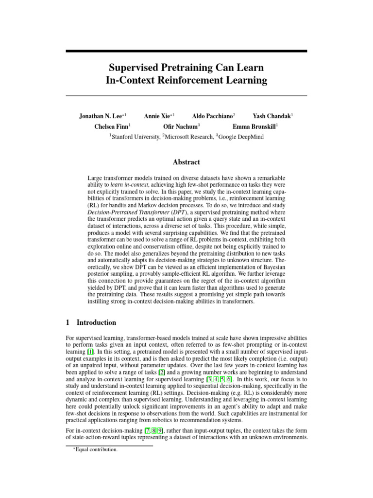 Supervised Pretraining Can Learn In-Context Reinforcement Learning | PDF | Decision Making ...