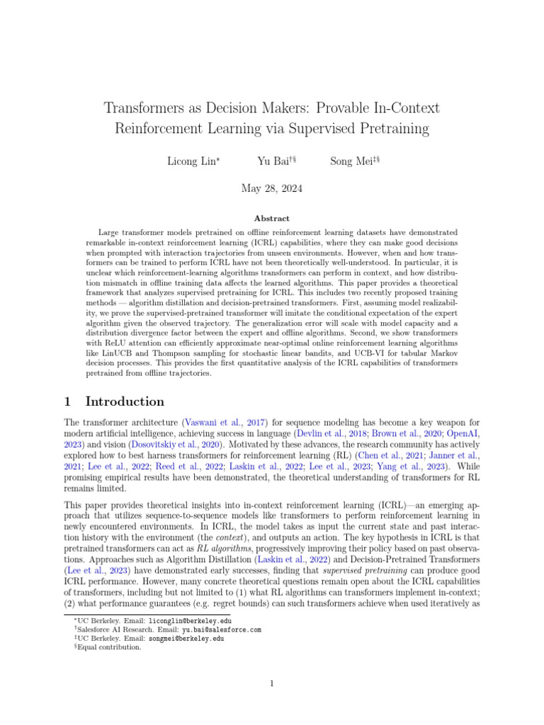 Transformers As Decision Makers Provable In-Context Reinforcement Learning Via Supervised ...