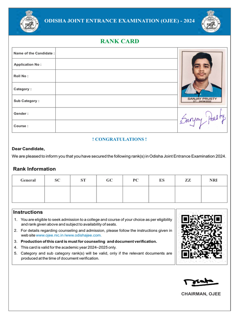 Rank Card: Odisha Joint Entrance Examination (Ojee) - 2024 | PDF