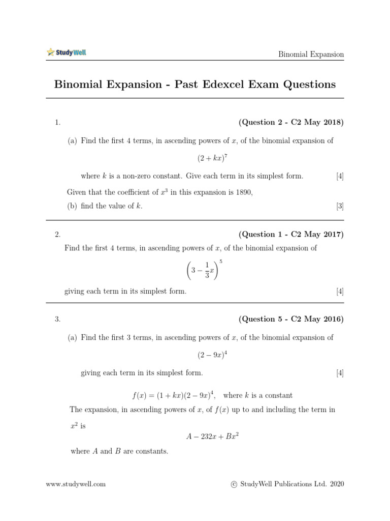 Binomial Expansion - Past Edexcel Exam Questions: X KX K X K | PDF | Mathematical Analysis ...