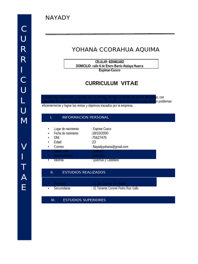 C.V Nayady Y. Ccorahua Aquima | PDF