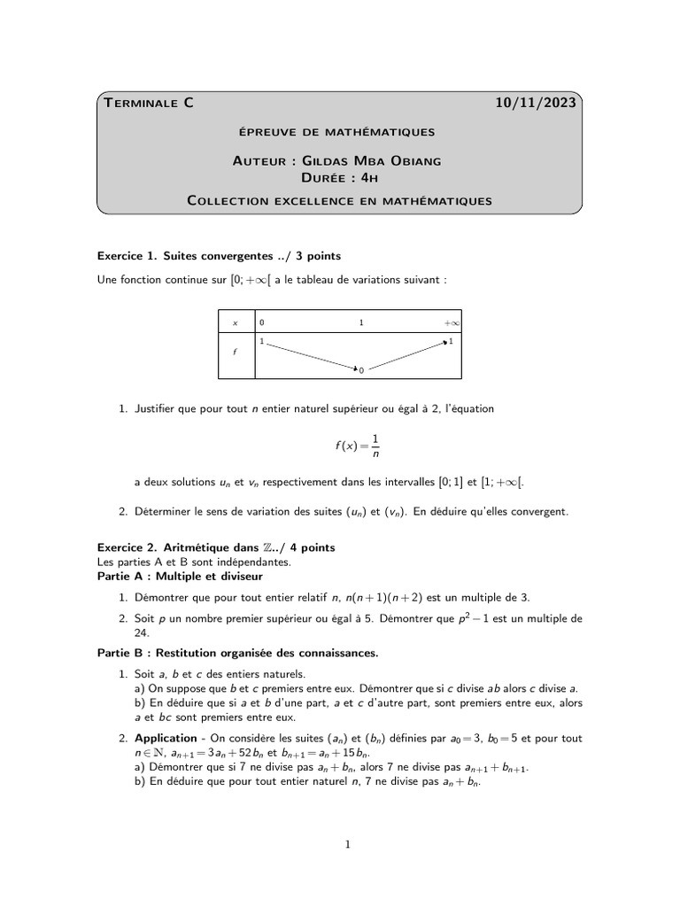 Devoir de Mathematiques Terminale C | PDF | Nombre complexe | Théorie des nombres
