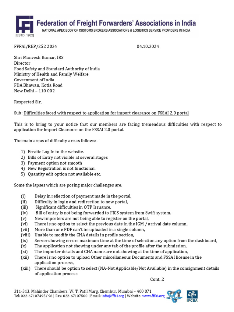 Letter To FSSAI - Difficulties Faced With Respect To Application For ...
