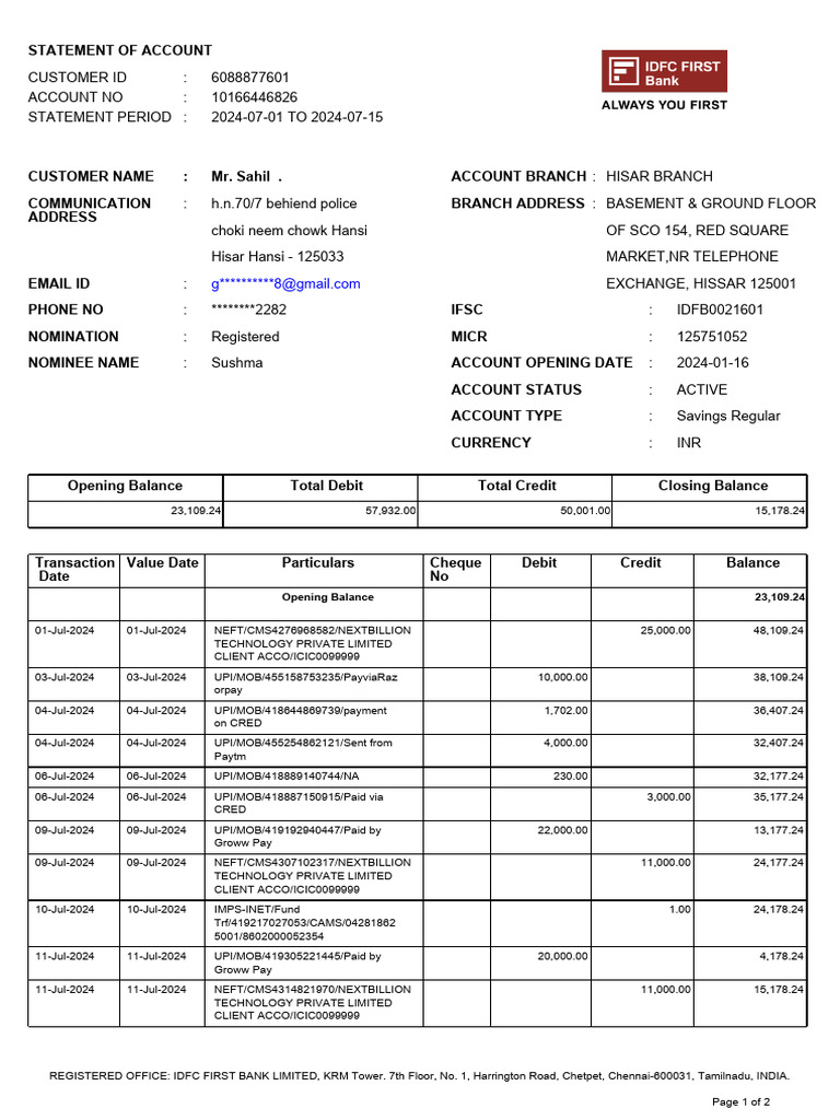 Account Statement for Mr. Sahil (Jul 2024) | PDF | Banks | Automated ...