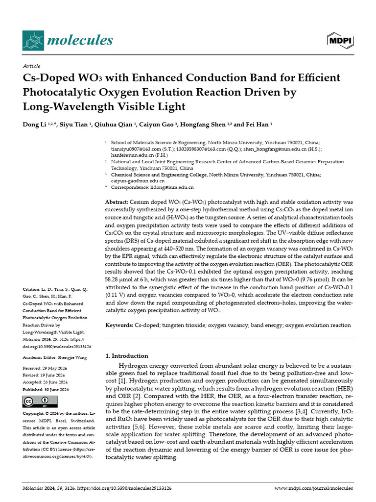 Cs-Doped WO3 With Enhanced Conduction Band For Eff | PDF | Energy ...