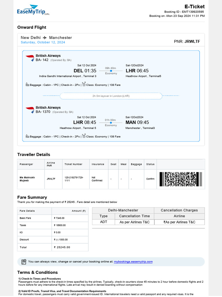Flight Itinerary: Delhi to Manchester | PDF | Travel Visa | Airlines