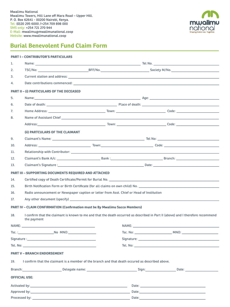 Burial Benevolent Fund Claim Form | PDF