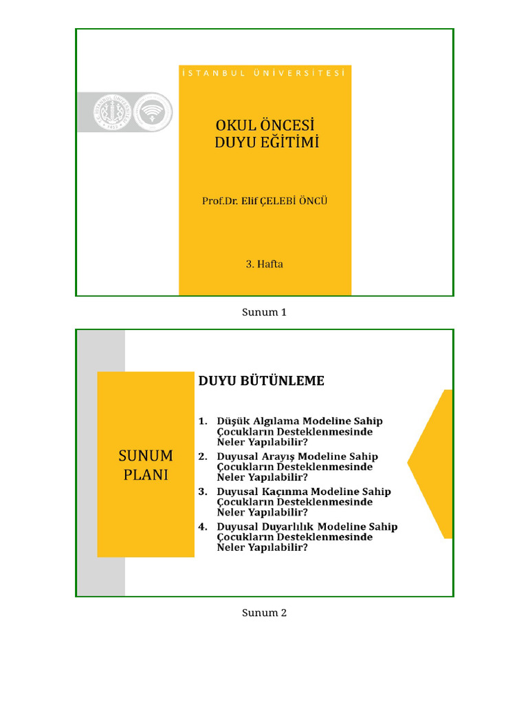 Ders - OKUL ÖNCESİ DÖNEMDE DUYU EĞİTİMİ - Ünite - 3. Duyu Bütünleme - Sunum | PDF