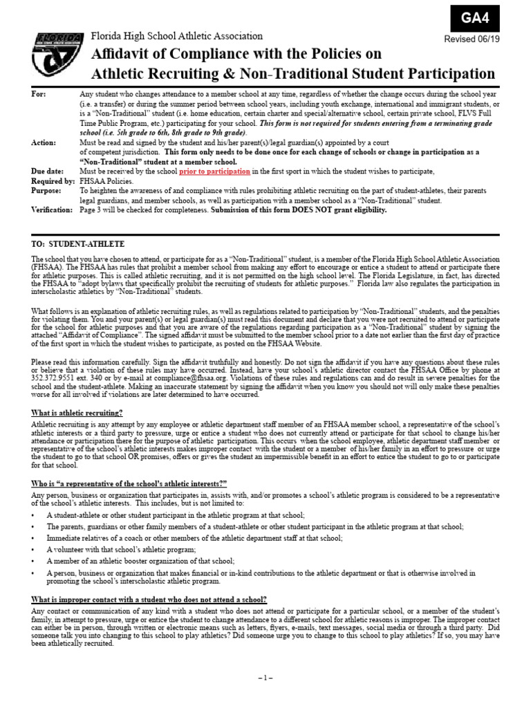 Affidavit of Compliance With The Policies On Athletic Recruiting & Non ...
