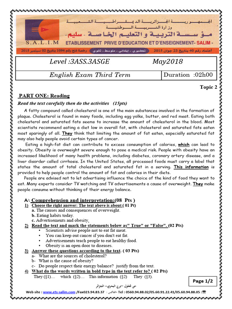 Examen Blanc Et Correction 3ASS.3ASGE Anglais 2e Sujet 2018 - 2 | PDF | Fat | Obesity