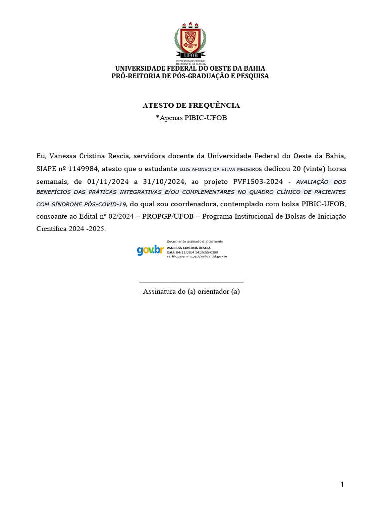 Atesto de Frequencia Out-2024 Assinado | PDF