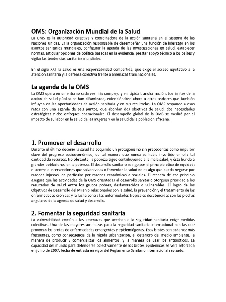 Funciones de la OMS en Salud Global | PDF | Organización Mundial de la ...