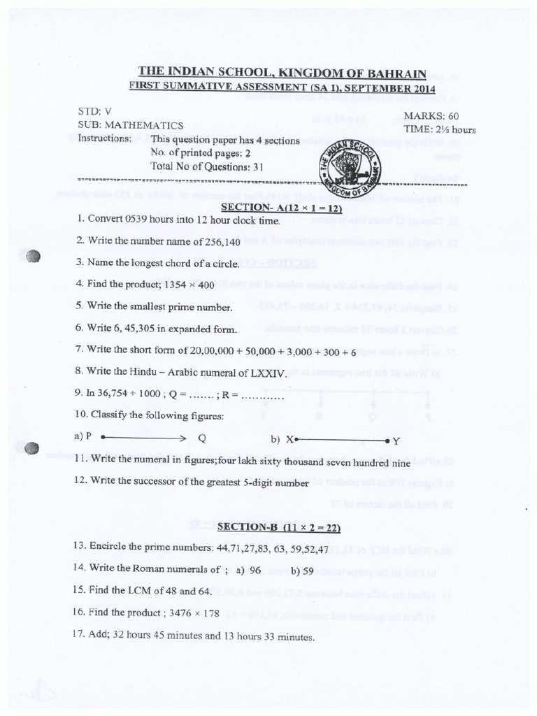 Class 5 2022-23 Half Yearly Examination | PDF