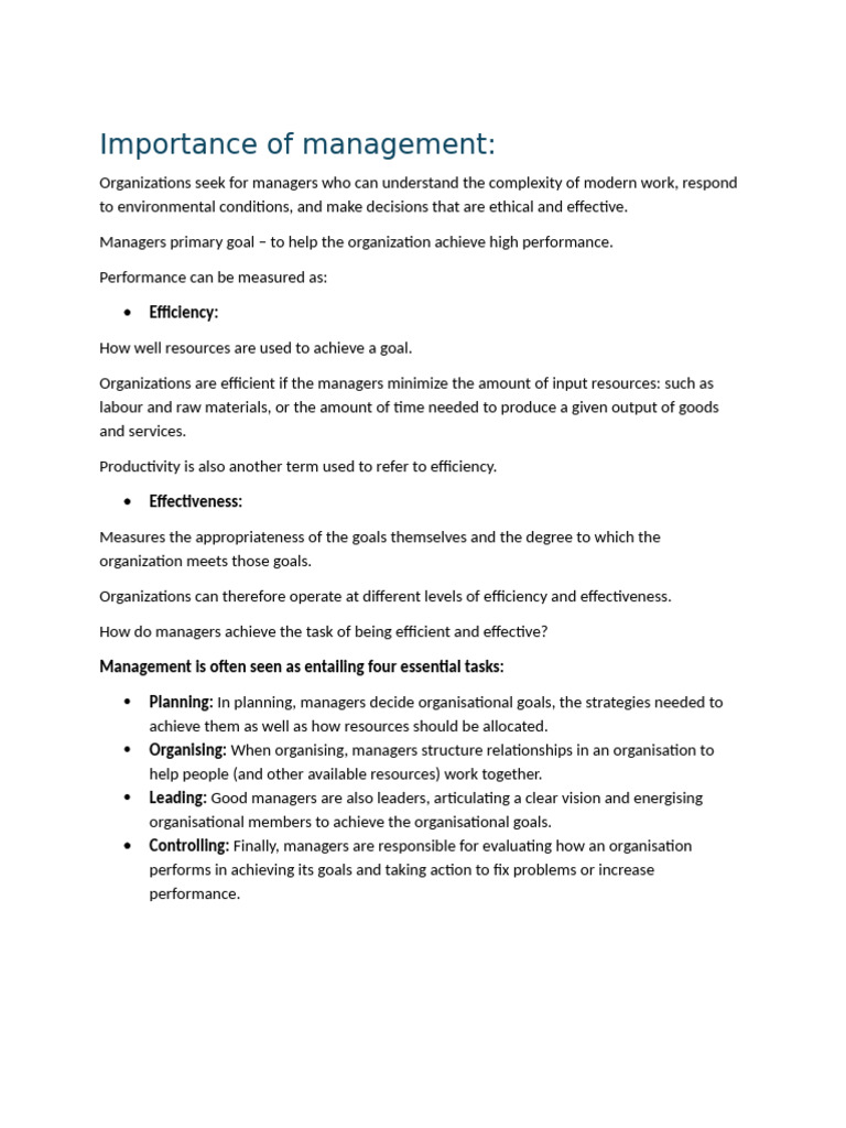 Importance of Management | PDF | System | Goal