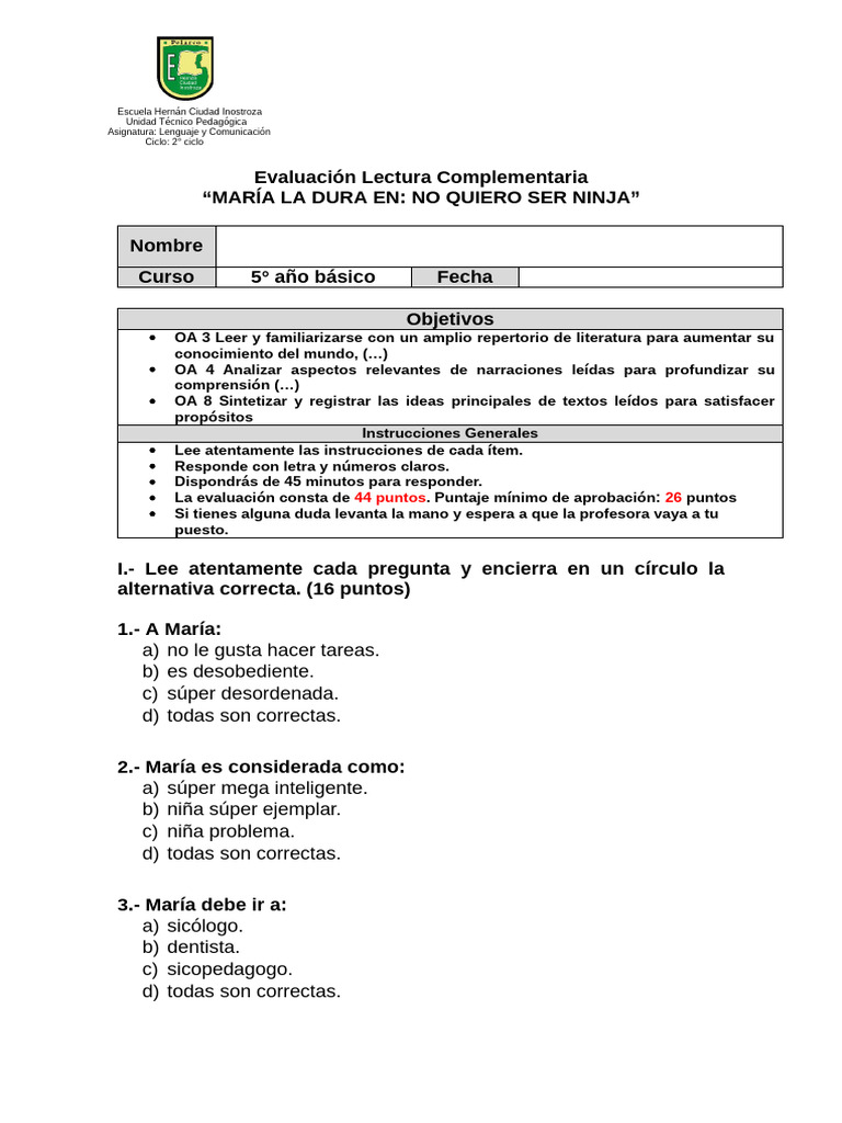 Evaluación de "María la Dura" | PDF