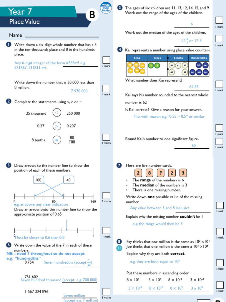 WRM Y7 Autumn b4 Place Value Assessment B Answers | PDF | Numbers | Mathematics