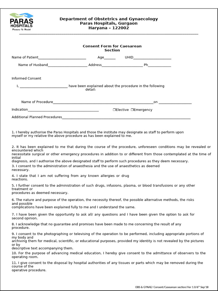 Caesarean Section Consent Form | PDF | Caesarean Section | Medicine