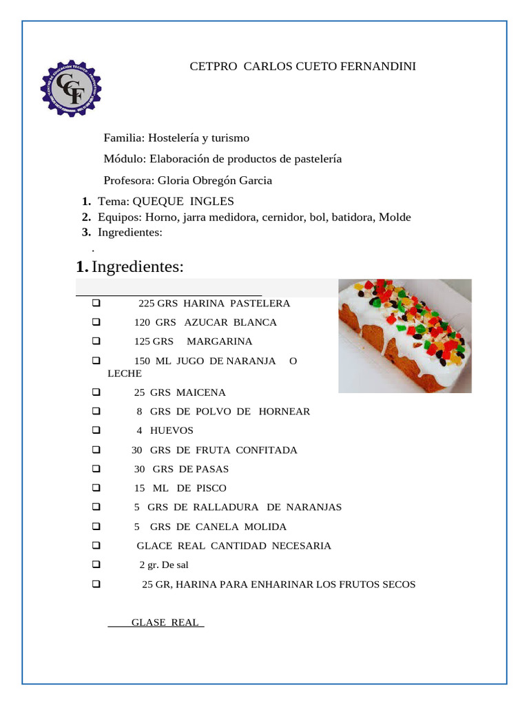 Receta Queque Ingles N .Cetpro Carlos Cueto Fernandini | PDF